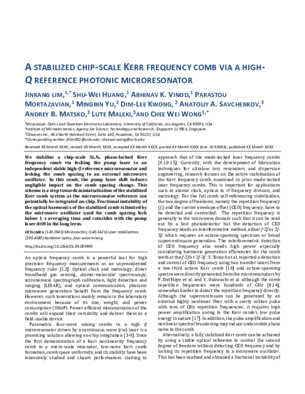 (PDF) Stabilized chip-scale Kerr frequency comb via a high-Q reference ...