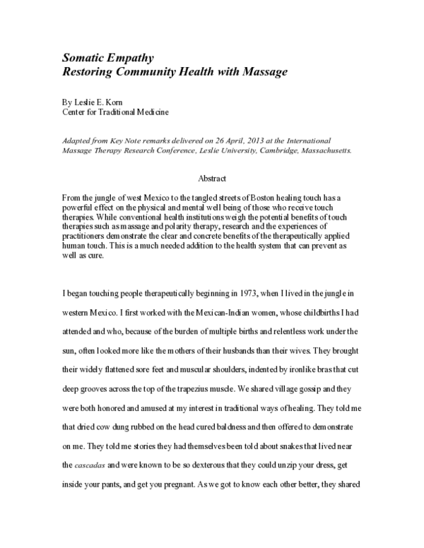 Somatic empathy: Restoring community health with massage