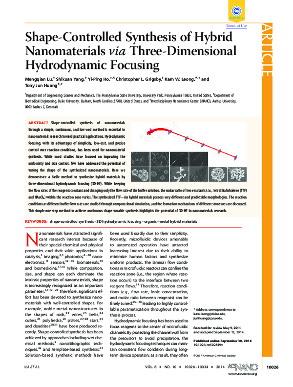 (PDF) Shape-Controlled Synthesis of Hybrid Nanomaterials via Three-Dimensional Hydrodynamic Focusing