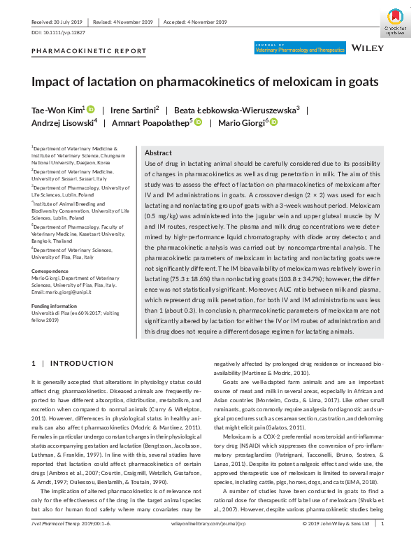 (PDF) Impact of lactation on pharmacokinetics of meloxicam in goats ...