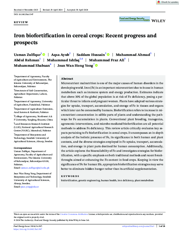 (PDF) Iron biofortification in cereal crops: Recent progress and prospects