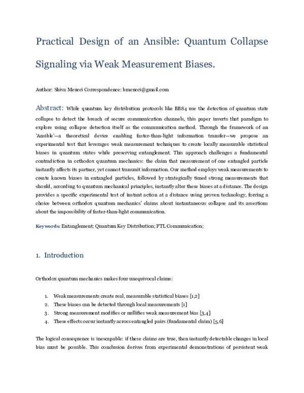 (PDF) Practical Design of an Ansible: Quantum Collapse Signaling via ...
