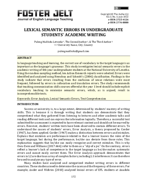 (PDF) Lexical Semantic Errors in Undergraduate Students' Academic Writing