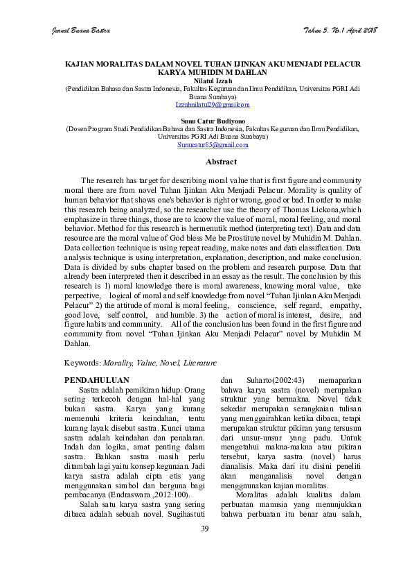 Pdf Kajian Moralitas Dalam Novel Tuhan Ijinkan Aku Menjadi Pelacur
