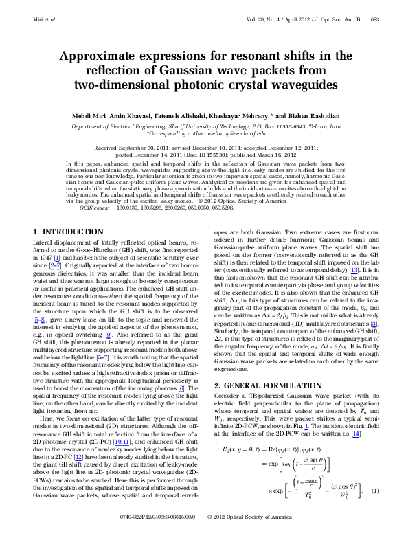 (PDF) Approximate expressions for resonant shifts in the reflection of Gaussian wave packets ...
