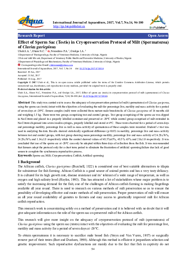 (PDF) Effect of Sperm Sac (Testis) in Cryopreservation Protocol of Milt ...