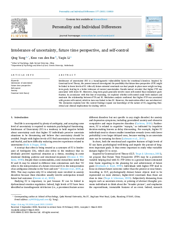 (PDF) Intolerance of uncertainty, future time perspective, and self-control