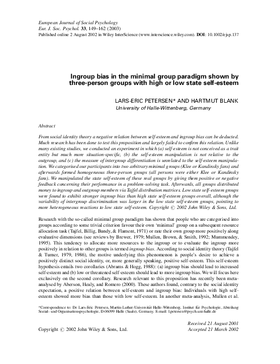 (PDF) Ingroup bias in the minimal group paradigm shown by three‐person ...