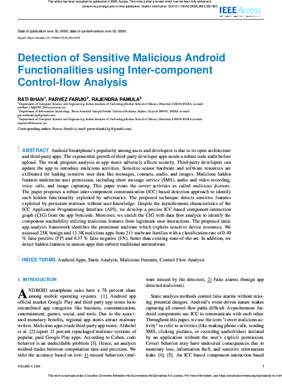 Pdf Detection Of Sensitive Malicious Android Functionalities Using Inter Component Control