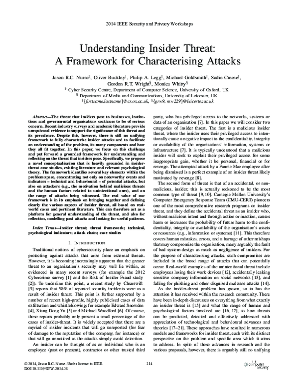 (PDF) Understanding Insider Threat: A Framework for Characterising Attacks