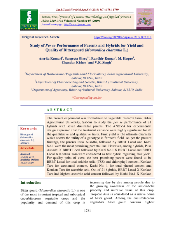(PDF) Study of Per se Performance of Parents and Hybrids for Yield and Quality of Bittergourd ...