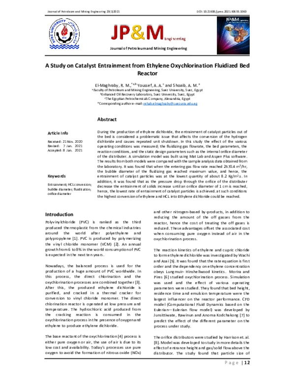 (PDF) A Study on Catalyst Entrainment from the Ethylene Oxychlorination ...