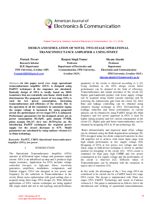 (PDF) Design and Simulation of Novel Two-Stage Operational Transconductance Amplifier a Using Finfet