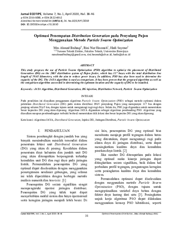 (PDF) Optimasi Penempatan Distribution Generation Pada Penyulang Pujon Menggunakan Metode ...