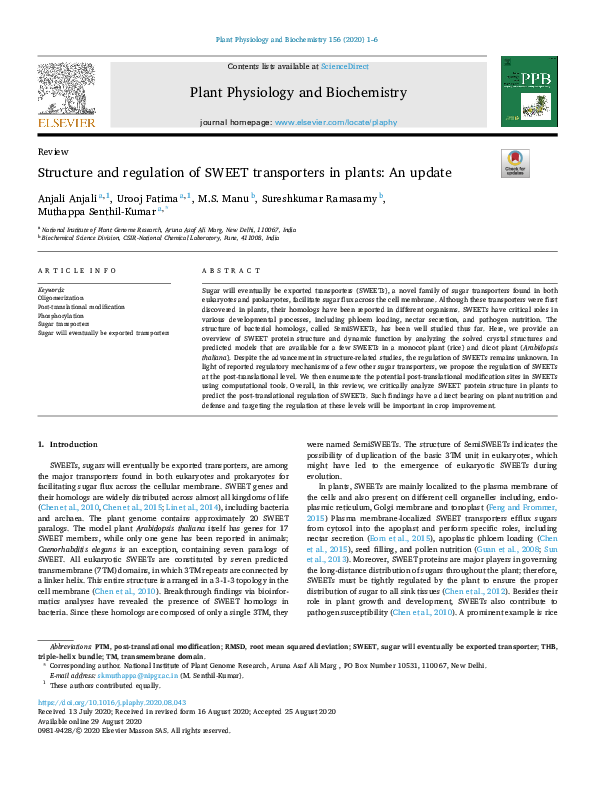 (PDF) Structure and regulation of SWEET transporters in plants: An update