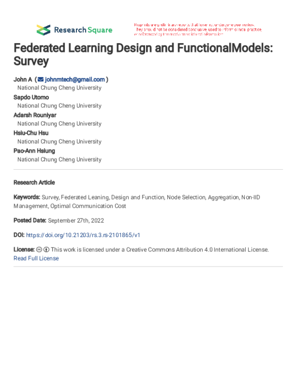 (PDF) Federated Learning Design and FunctionalModels: Survey