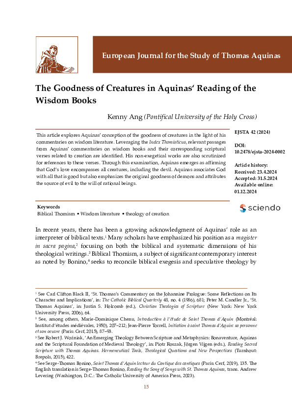 (PDF) The Goodness of Creatures in Aquinas' Reading of the Wisdom Books