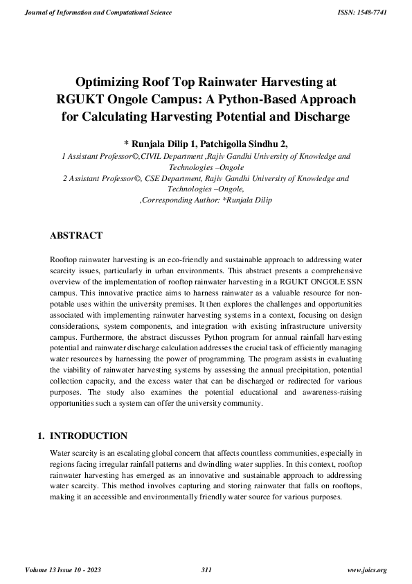 (PDF) Optimizing Roof Top Rainwater Harvesting at RGUKT Ongole Campus: A Python-Based Approach ...