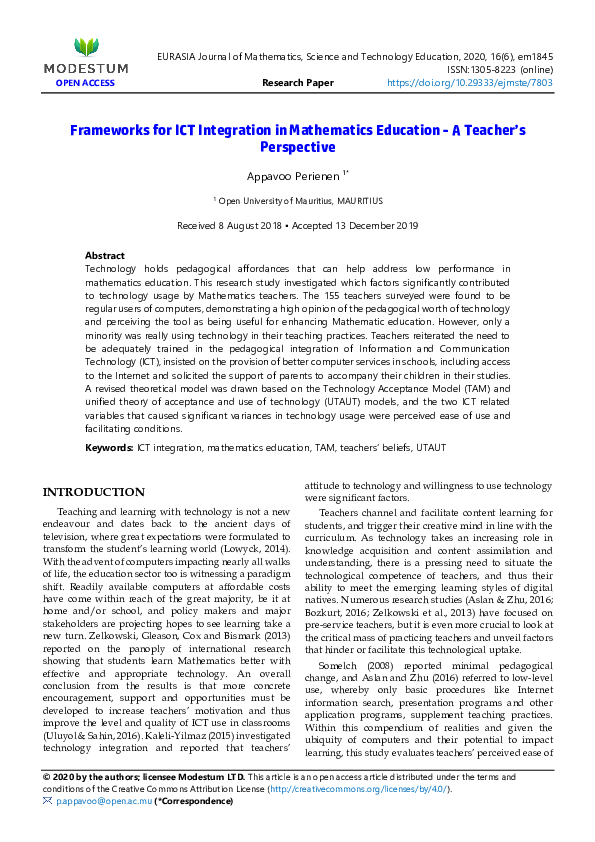 (PDF) Frameworks for ICT Integration in Mathematics Education - A ...