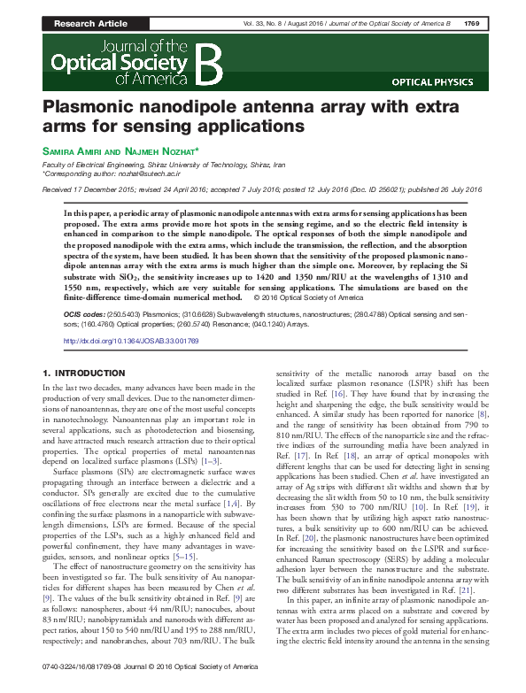 (PDF) Plasmonic nanodipole antenna array with extra arms for sensing applications