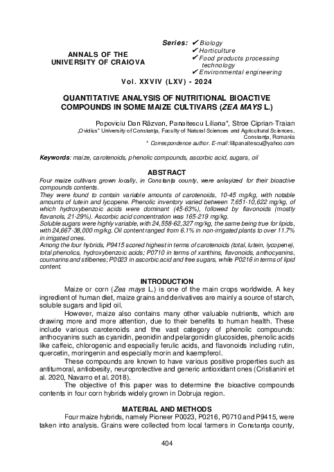 (PDF) QUANTITATIVEANALYSIS OF NUTRITIONALBIOACTIVECOMPOUNDS IN SOME MAIZE CULTIVARS (ZEA MAYSL.)
