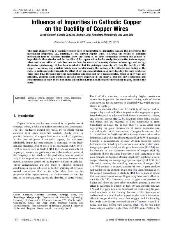 (PDF) Influence of Impurities in Cathodic Copper on the Ductility of ...