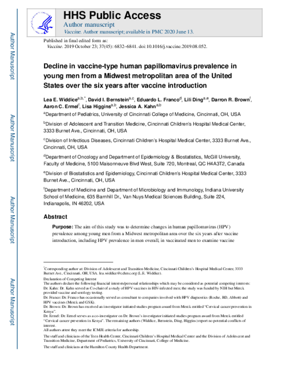 (PDF) Decline in vaccine-type human papillomavirus prevalence in young ...
