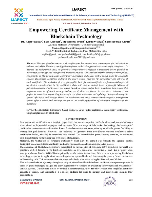 (PDF) Empowering Certificate Management with Blockchain Technology