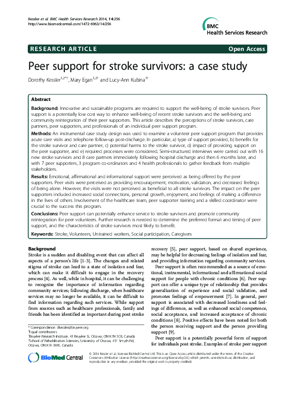 (PDF) Peer support for stroke survivors: a case study | Dorothy Kessler - Academia.edu