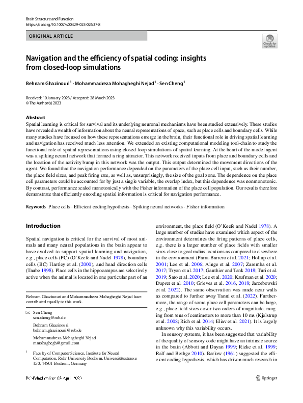 Pdf Navigation And The Efficiency Of Spatial Coding Insights From Closed Loop Simulations