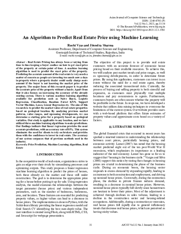 (PDF) An Algorithm to Predict Real Estate Price using Machine Learning