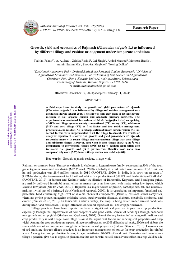(PDF) Growth, yield and economics of Rajmash (Phaseolus vulgaris L.) as ...