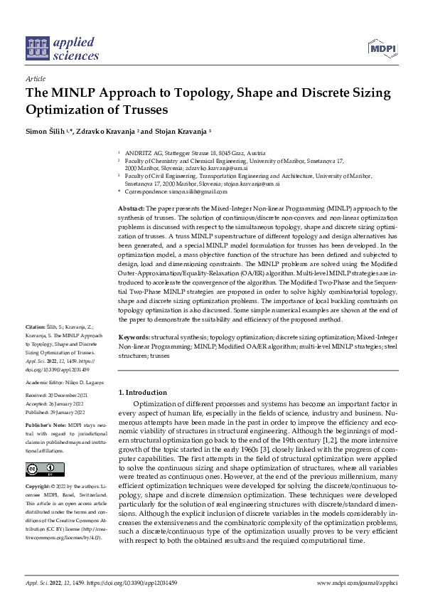 Pdf The Minlp Approach To Topology Shape And Discrete Sizing Optimization Of Trusses