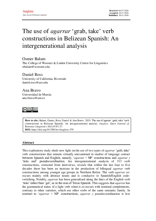(PDF) The use of agarrar 'grab, take' verb constructions in Belizean ...