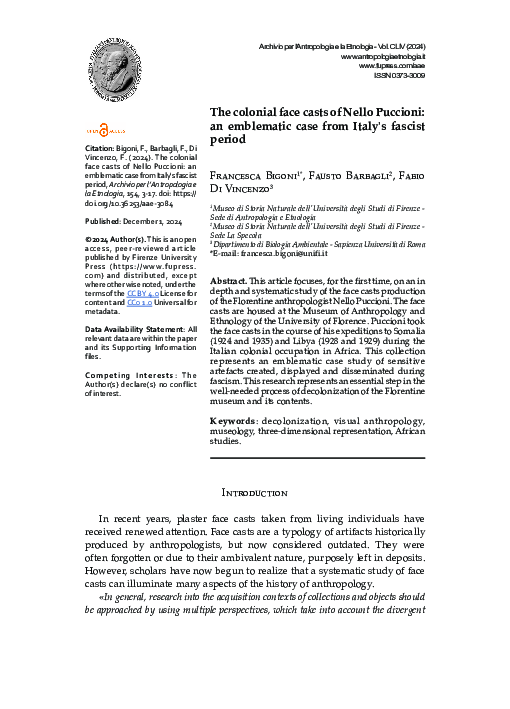 (PDF) The colonial face casts of Nello Puccioni: an emblematic case ...