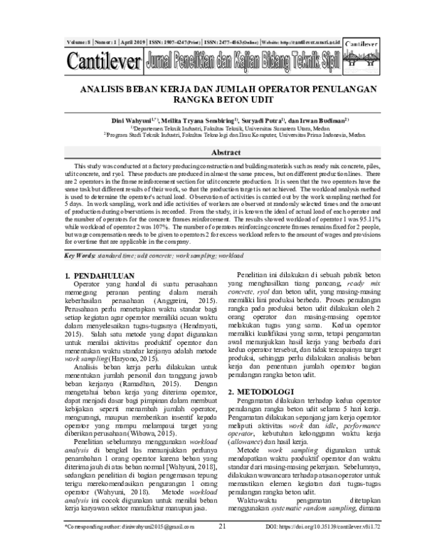 (PDF) Analisis Beban Kerja Dan Jumlah Operator Penulangan Rangka Beton Udit