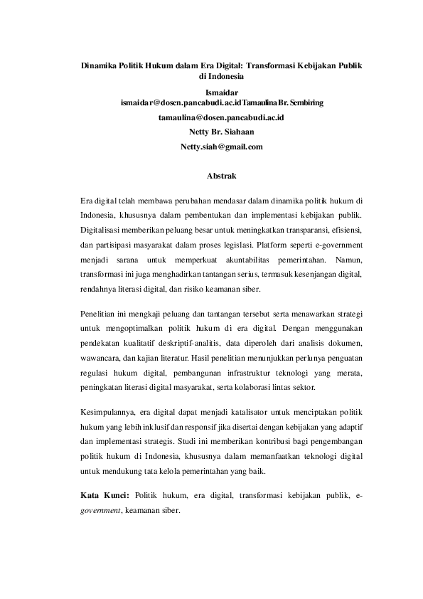 (PDF) Dinamika Politik Hukum dalam Era Digital: Transformasi Kebijakan Publik di Indonesia