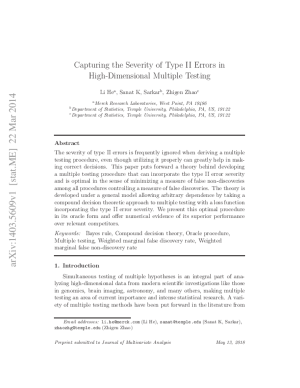 Pdf Capturing The Severity Of Type Ii Errors In High Dimensional Multiple Testing