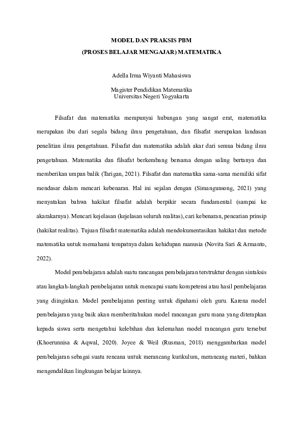 (PDF) Model dan Praksis PBM (Proses Belajar Mengajar) Matematika