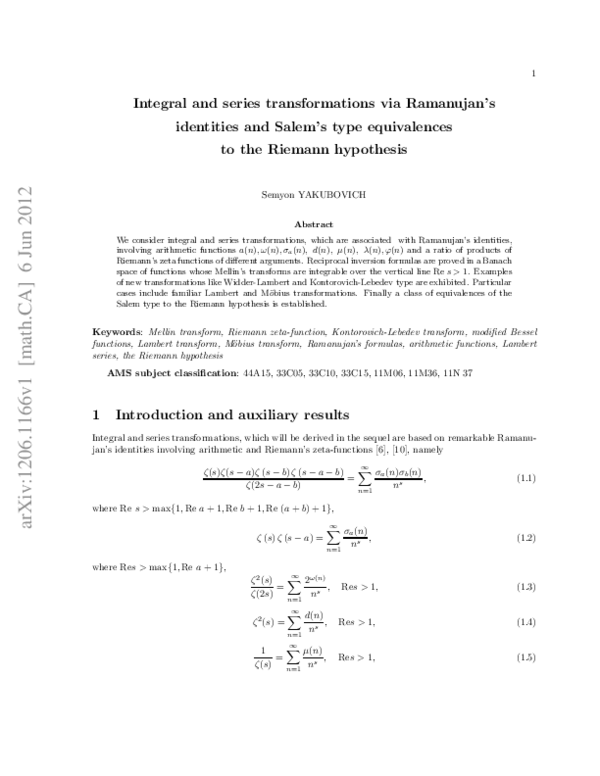 (PDF) Integral and series transformations via Ramanujan's identities and Salem's type ...