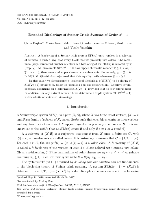 (PDF) Extended Bicolorings of Steiner Triple Systems of Order $2^{h}-1$