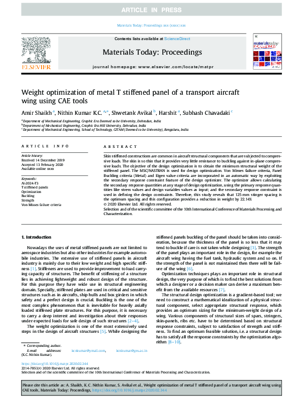 Pdf Weight Optimization Of Metal T Stiffened Panel Of A Transport Aircraft Wing Using Cae