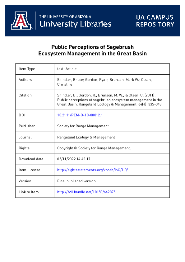 (PDF) Public Perceptions of Sagebrush Ecosystem Management in the Great Basin