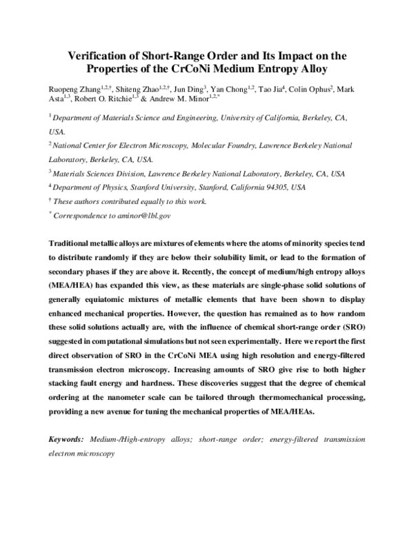 (PDF) Short-range Order in CrCoNi Medium-Entropy Alloy