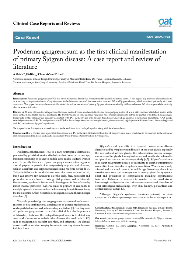 (PDF) Pyoderma gangrenosum as the first clinical manifestation of primary Sjögren disease: A ...