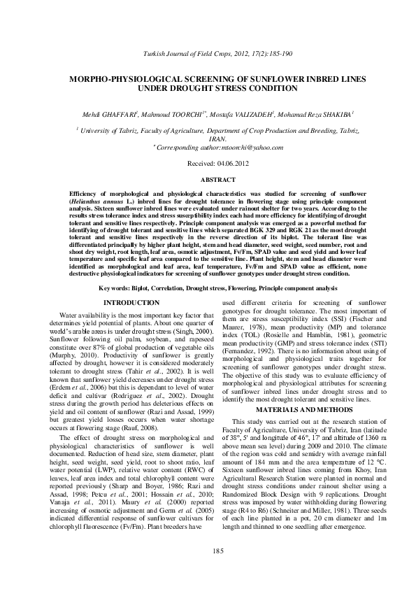 (PDF) Morpho-Physiological Screening of Sunflower Inbred Lines under Drought Stress Condition
