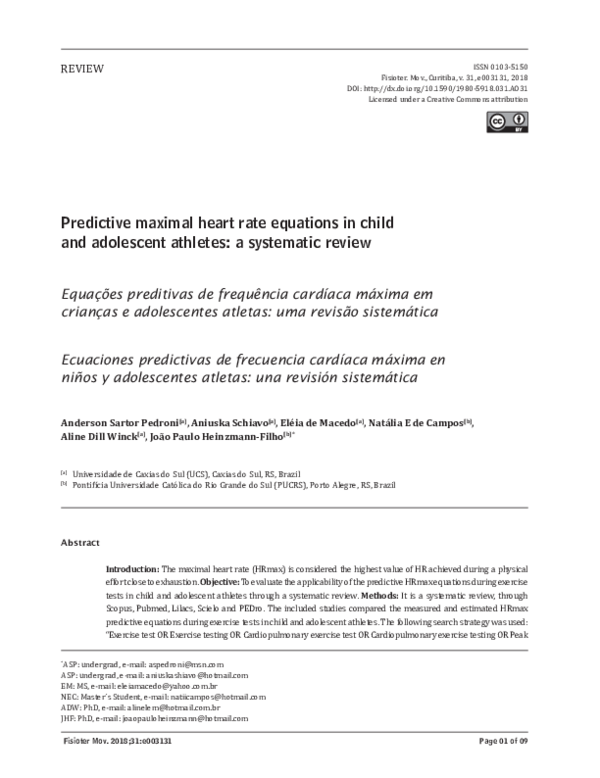 (PDF) Predictive maximal heart rate equations in child and adolescent ...