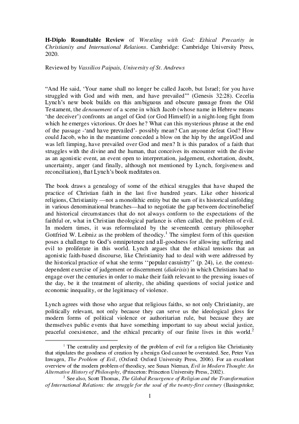 (PDF) H-Diplo Roundtable on Cecelia Lynch's Wrestling with God
