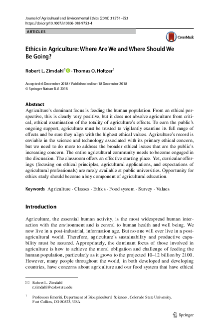(PDF) Ethics in Agriculture: Where Are We and Where Should We Be Going?