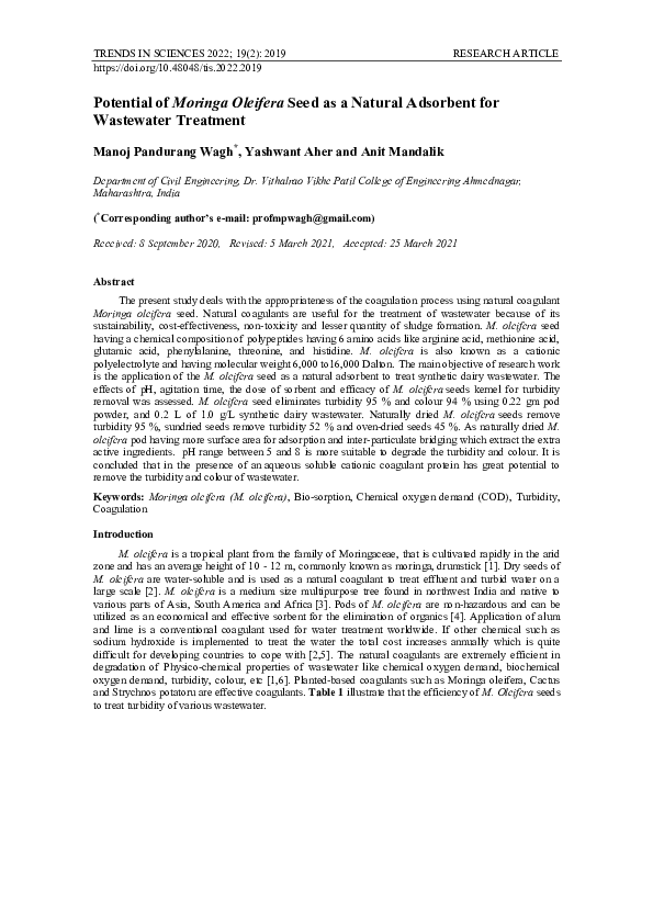 (PDF) Potential of Moringa Oleifera Seed as a Natural Adsorbent for Wastewater Treatment